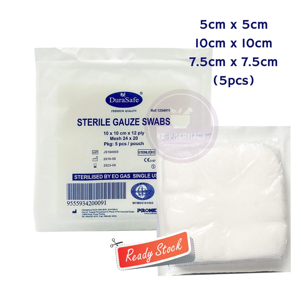 Durasafe Sterile Gauze Swabs 12ply 5pcs / kain cuci luka, kain balut ...