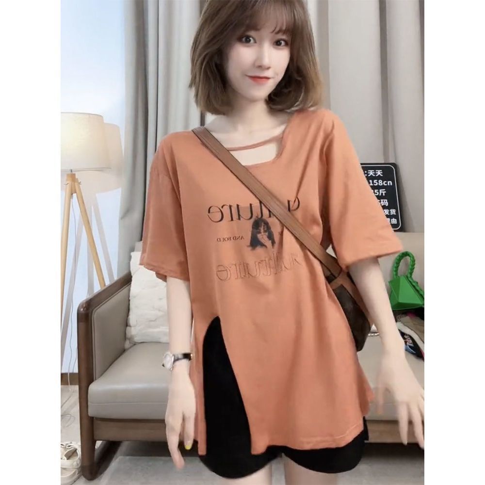 【M-5XL 40-120kg】 胖mm大码女装夏季新款ins潮开叉显瘦短袖t恤上衣宽松遮肉半袖体恤 fat bigsize overszie T-shirts | Shopee Malaysia