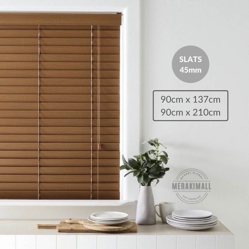 45mm Wood Timber Venetian Blind 90cm Width UV Resistant Lacquer | Light ...