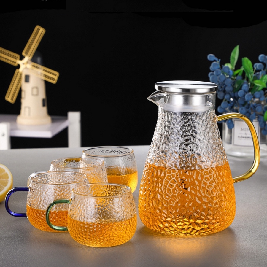 HAMMERED FINISH BOROSILICATE GLASS PITCHER BEVERAGE JUG WATER JAR WITH ...