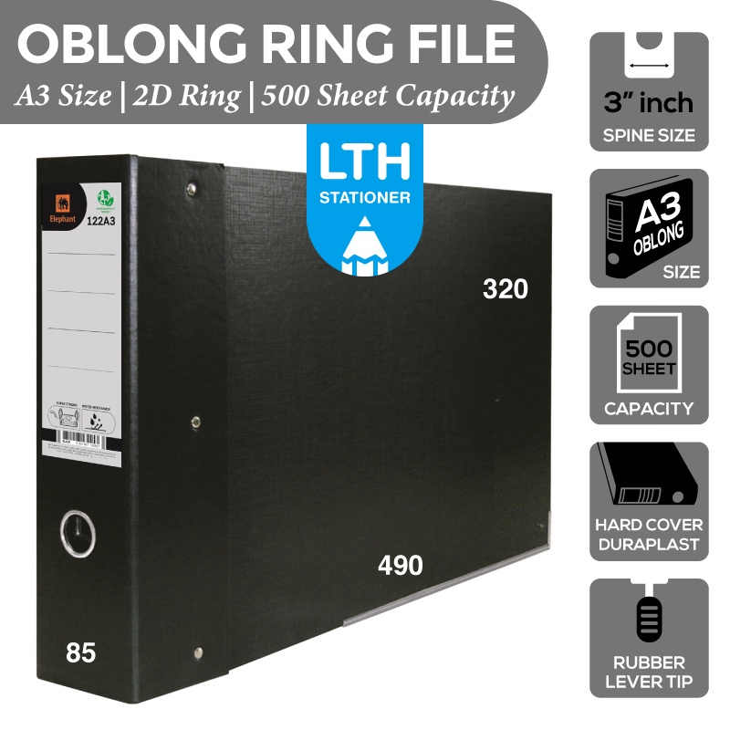 LTH Elephant Lever Arch File Ring File 3" Inch A3 Oblong Size 500 Sheet ...