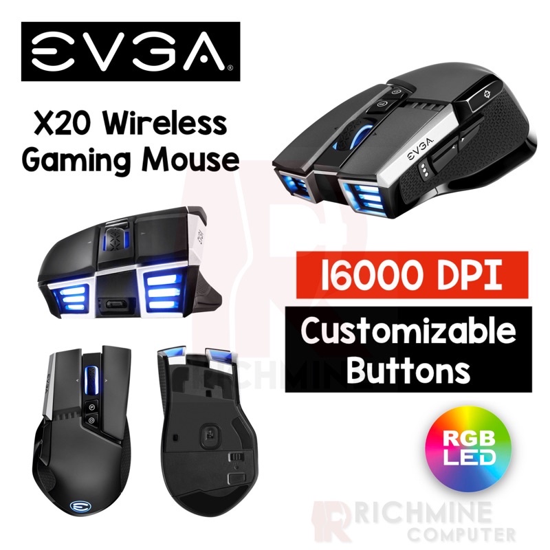🔥Wireless🔥 EVGA X20 Gaming Mouse Customizable 16,000 DPI 5 Profiles 10 ...