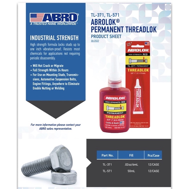 ABRO PERMANENT THREADLOK (TL-371 & TL-571)- MADE IN USA (THREAD LOCK ...