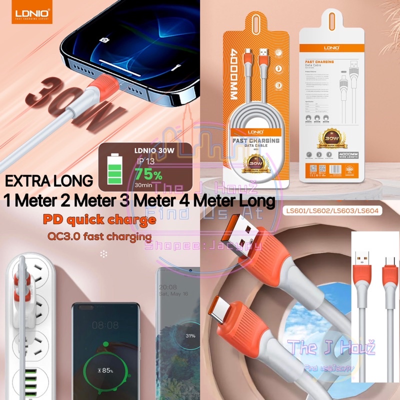 LDNIO 30W 1 2 3 4 Meter Fast Charging Extra Long Cable Phone Wire Data ...