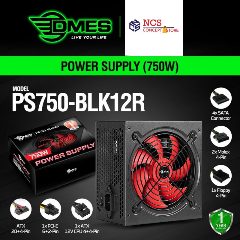 DMES PS750-BLK12R 750W Desktop Power Supply with 6A Current Max 750W ...