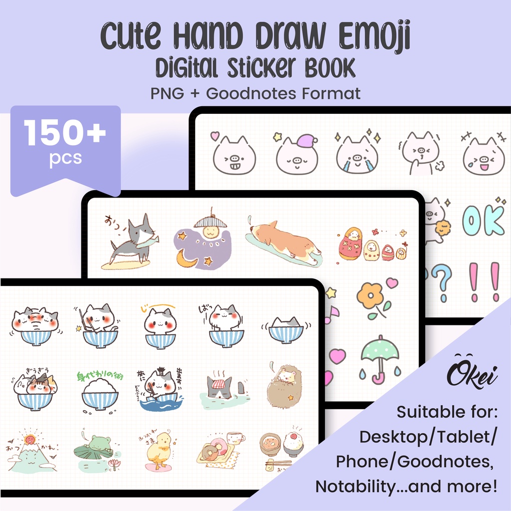 OKEI_Cute Handdrawn Illustration Goodnotes & PNG Digital Stickers Book ...