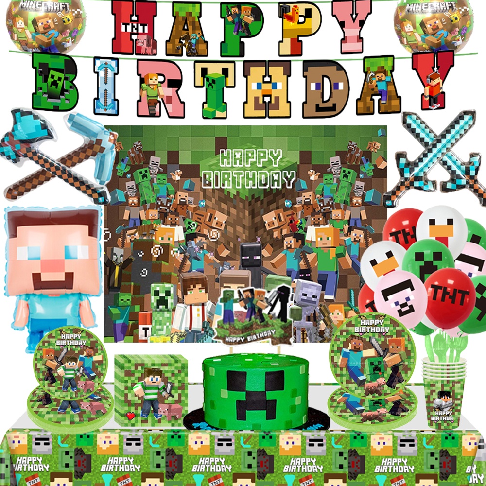 Minecraft Theme party decoration happy birthday Party Supplies Pixel ...