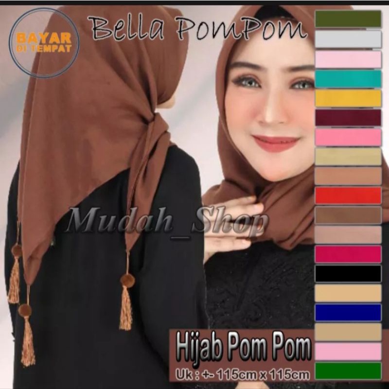Bella pom pom Rectangular Hijab Complete Color/Complete Color pom-pom ...