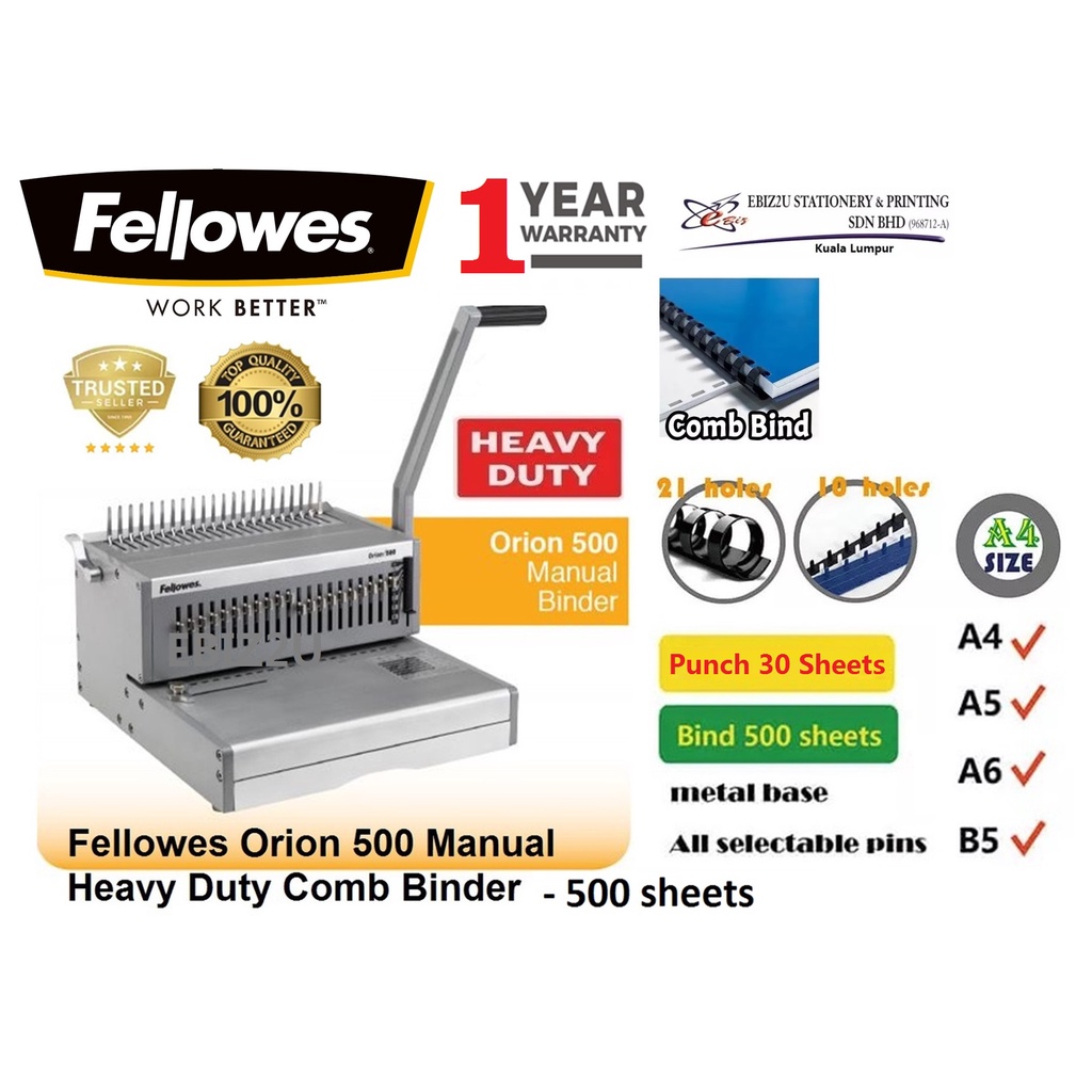 Fellowes Orion 500 Manual Heavy Duty Comb Binder - 500 sheets (binding ...