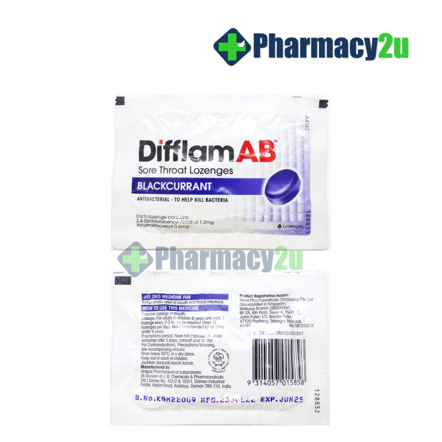 DIFFLAM AB SORE THROAT LOZENGES (BLACKCURRANT /LEMON ) (6S SACHETS/ 12S ...