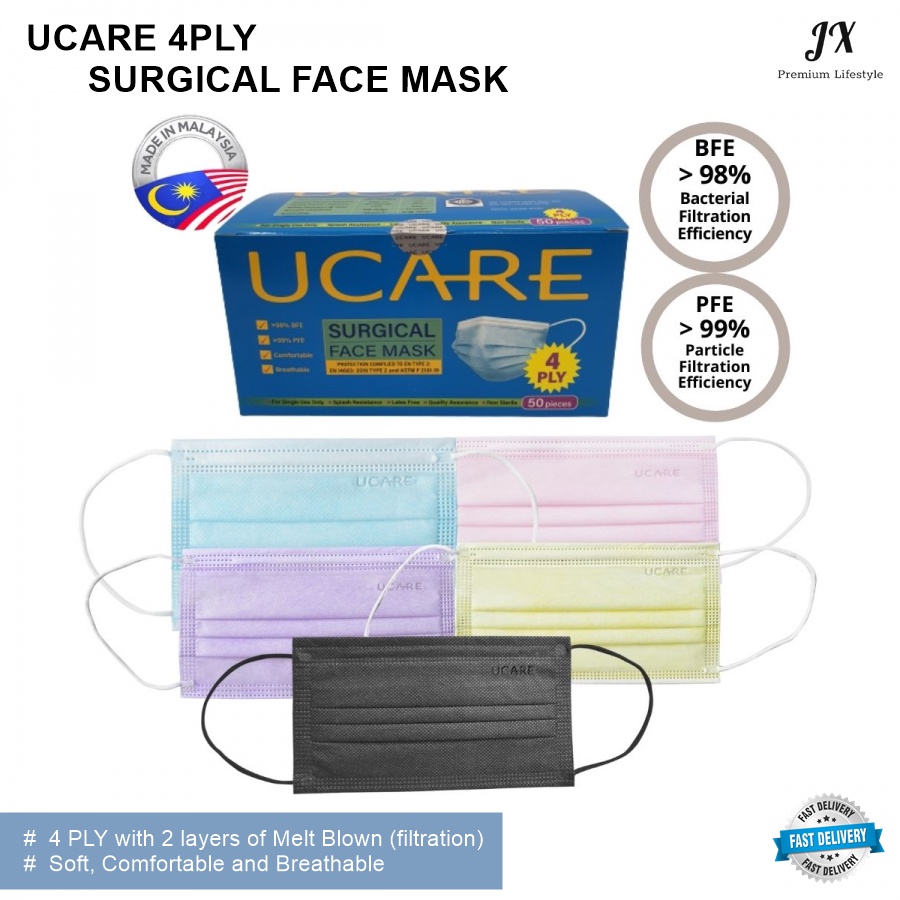UCARE 4PLY Surgical Medical Premium Face Mask 50Pcs/Box Soft Comfort ...