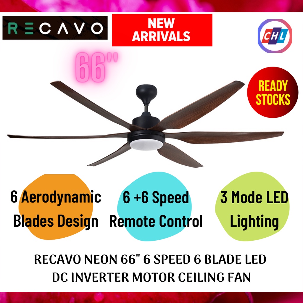 RECAVO NEON 66" 6 SPEED 6 BLADE LED DC INVERTER MOTOR CEILING FAN ...