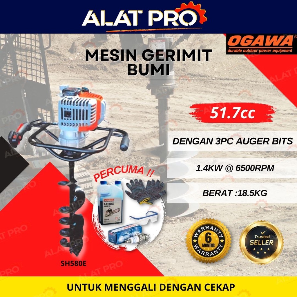 Ogawa 52cc Gasoline Earth Auger Machine with 3pc Auger Bits Mesin ...