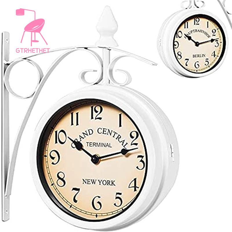 Iron Round Wall Hanging Double Sided Two Faces Retro Station Clock ...