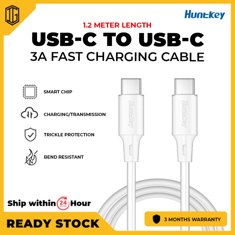 HUNTKEY USB-C To USB-C 3A Fast Charging 1.2 Meter Data Cable Smart Chip ...