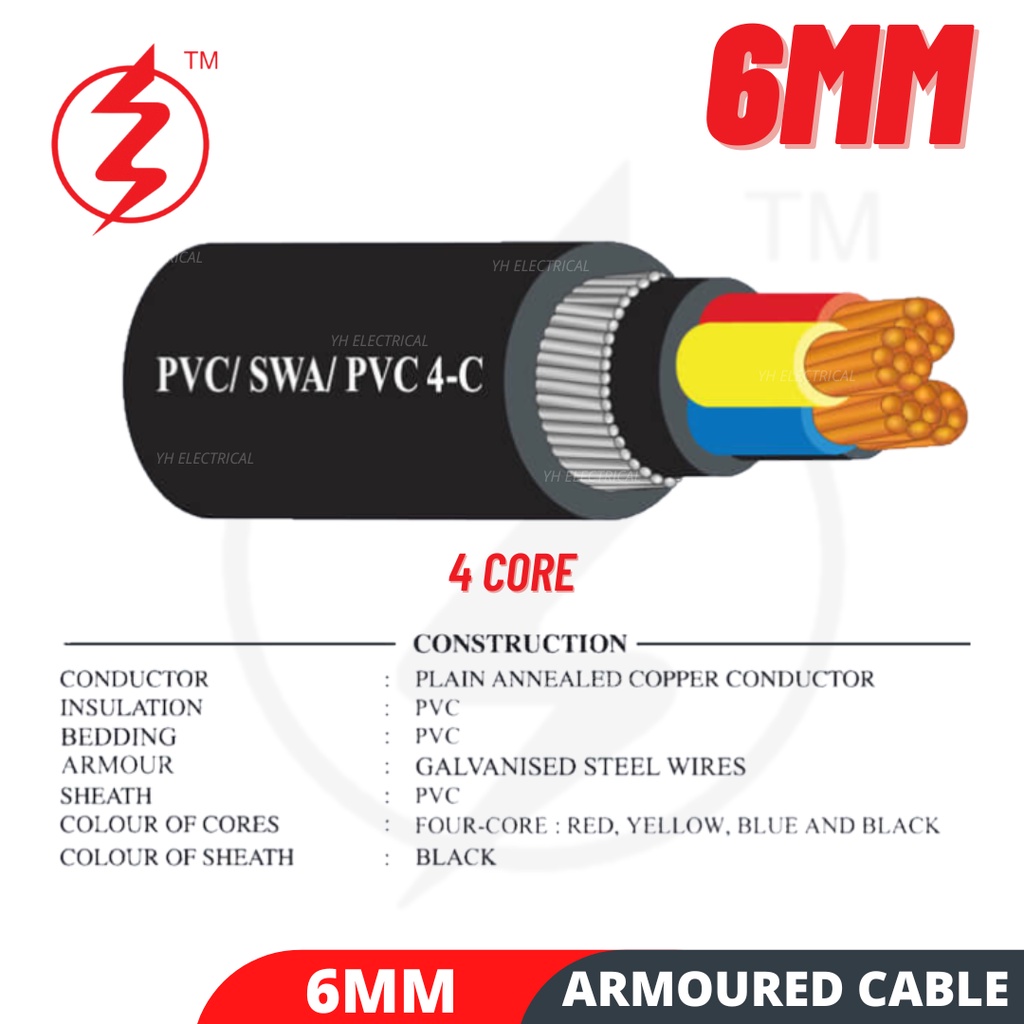 [LOOSE CUT] 6mm x 3C / 4C Armoured Cable / Underground Cable | Shopee ...