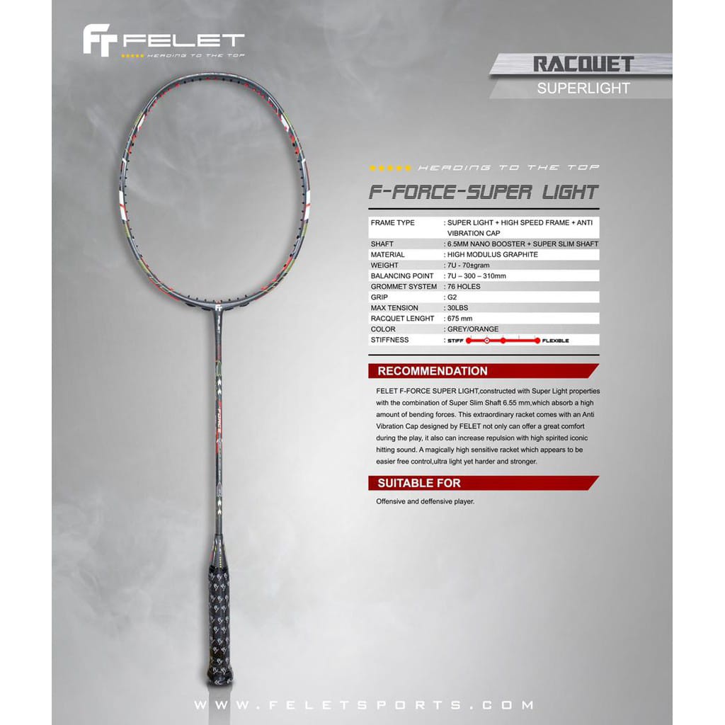 FELET F-Force Super Light Badminton Racket 70gram 7U MAX TENSION 30LBS ...