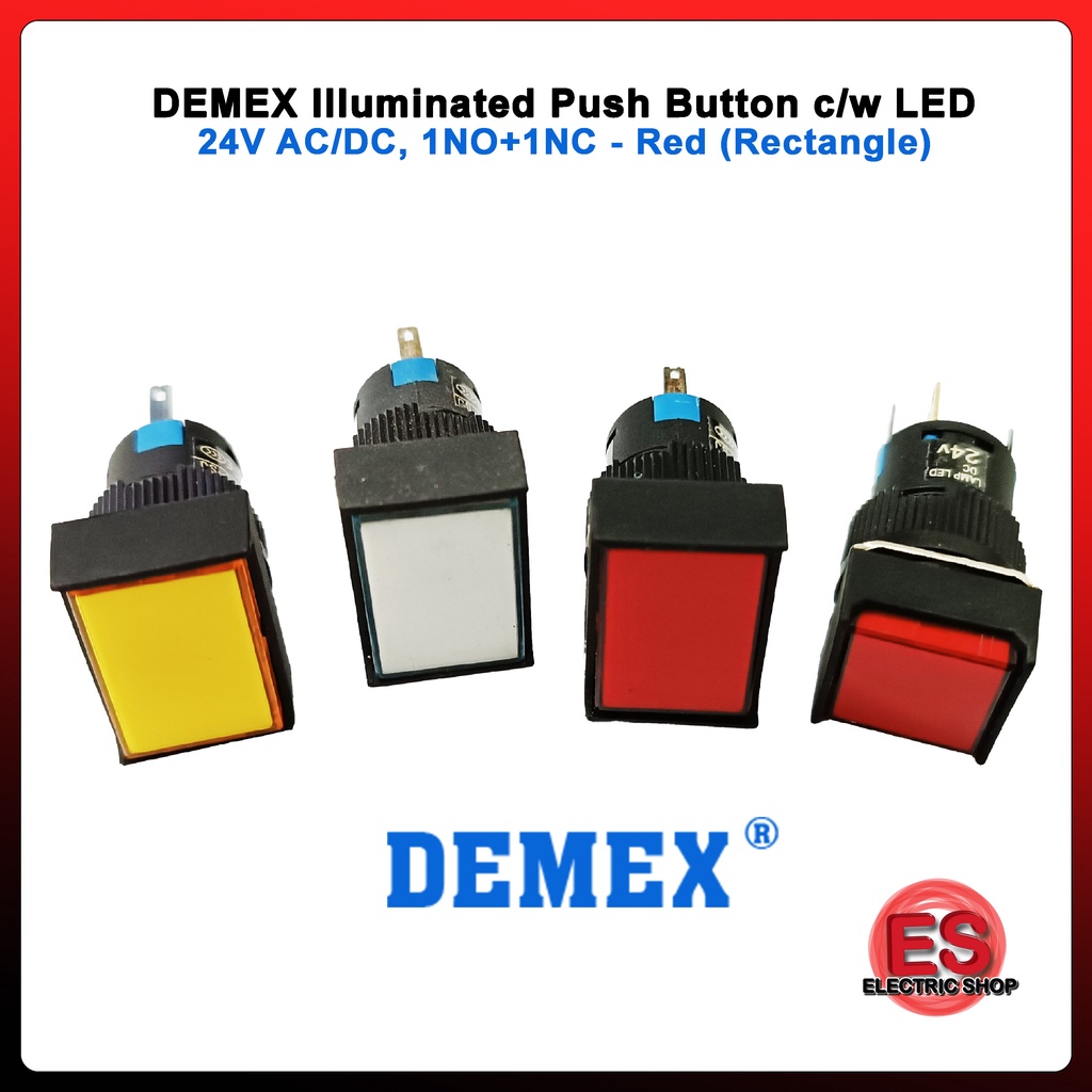 Demex Illuminated Push Button c/w LED 24V AC/DC, 1NO+1NC, Red, Square ...