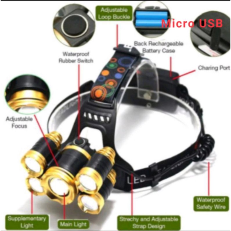 5 LED Zoomable Micro USB Rechargeable Headlamp XML-T6+CREE Q5 Bulb X4 ...