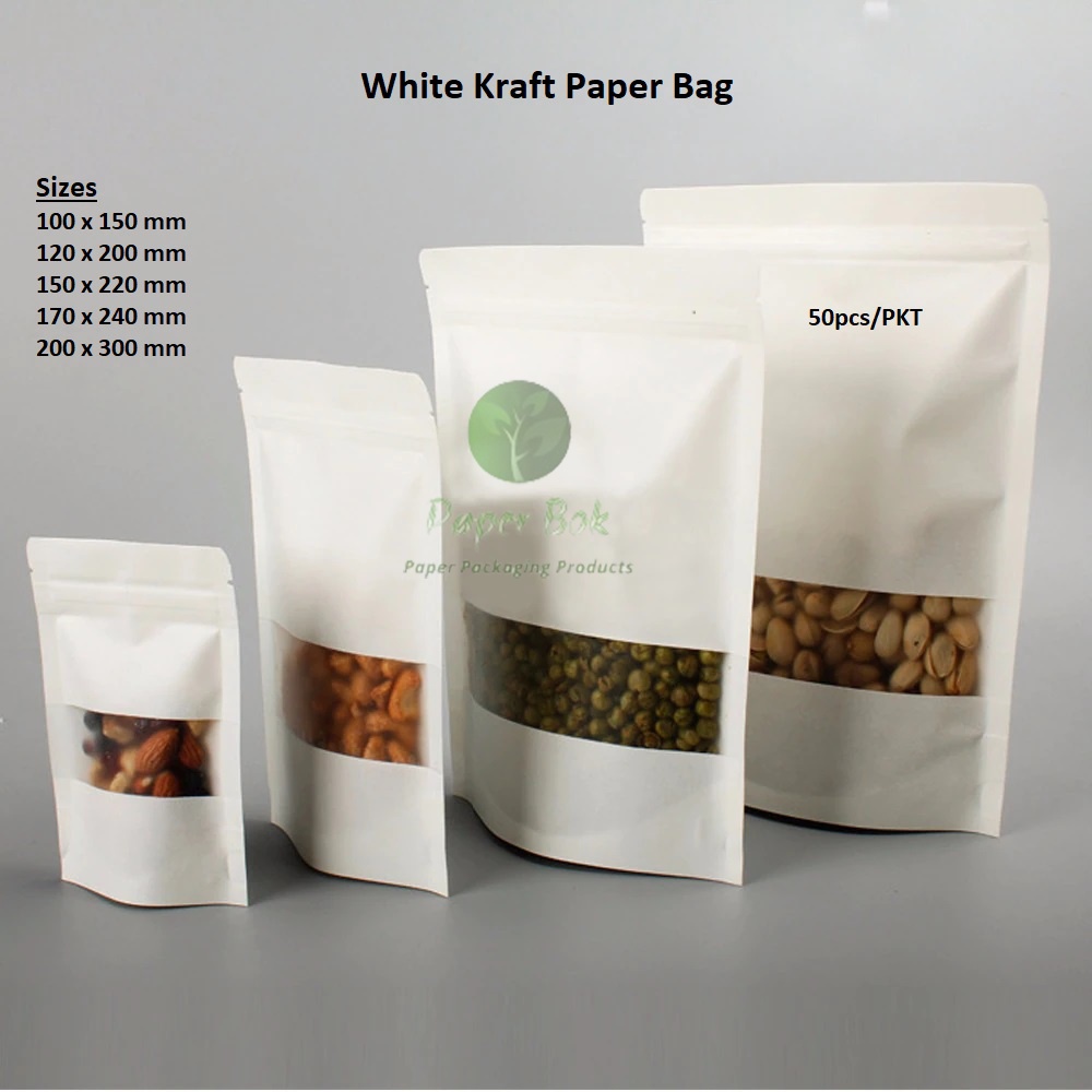 [50 PCS] Smooth Surface White Kraft Paper Bag Stand Pouch with Display ...