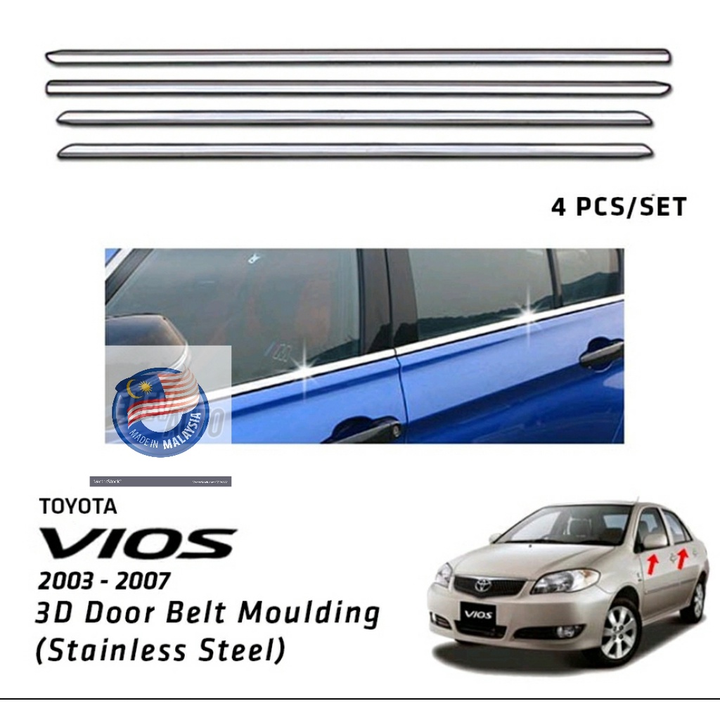 Toyota Vios (2003-2007) Chrome Lining Door Belt Moulding 3D Stainless ...