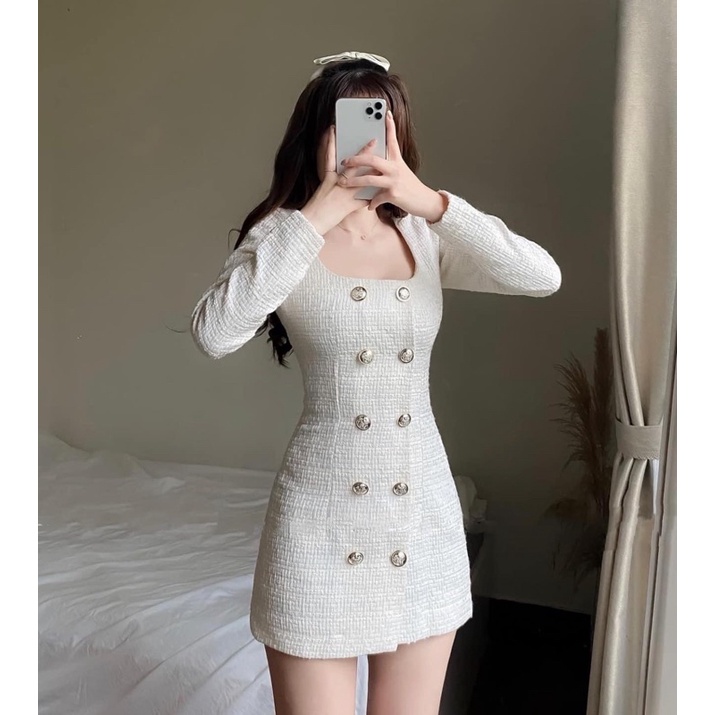 Tweet evening dress with long sleeves and square neck, luxurious dress ...