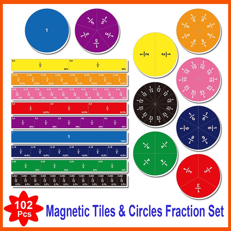 102Pcs kids Magnetic Fraction Circle Mathematics Magnet Rainbow Tiles ...