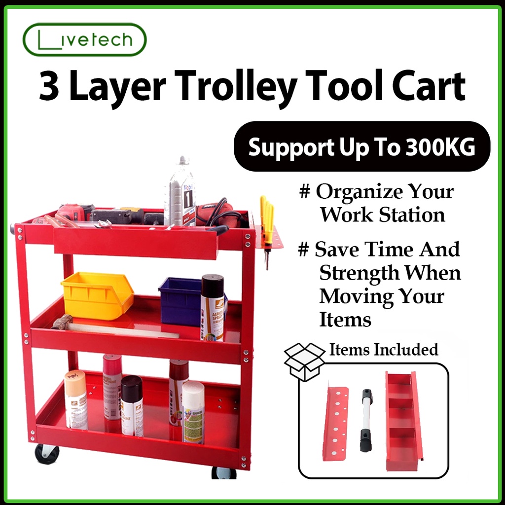 LiveTech 3 Layer Trolley Tools Cart Metal Steel Service Tool Storage ...