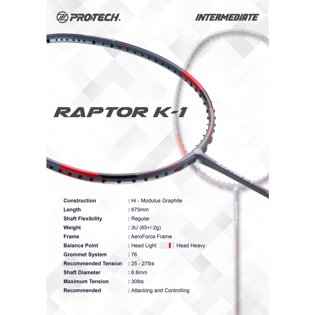 PROTECH RAPTOR K1 (Unstrung) (100% ORIGINAL) MAX 30 LBS BADMINTON ...