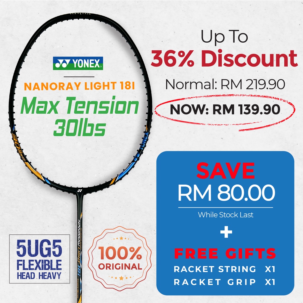 YONEX Nanoray Light 18I Badminton Racket (Black)| 5UG5 | Max Tension 30LBS, Super Light (FREE ...