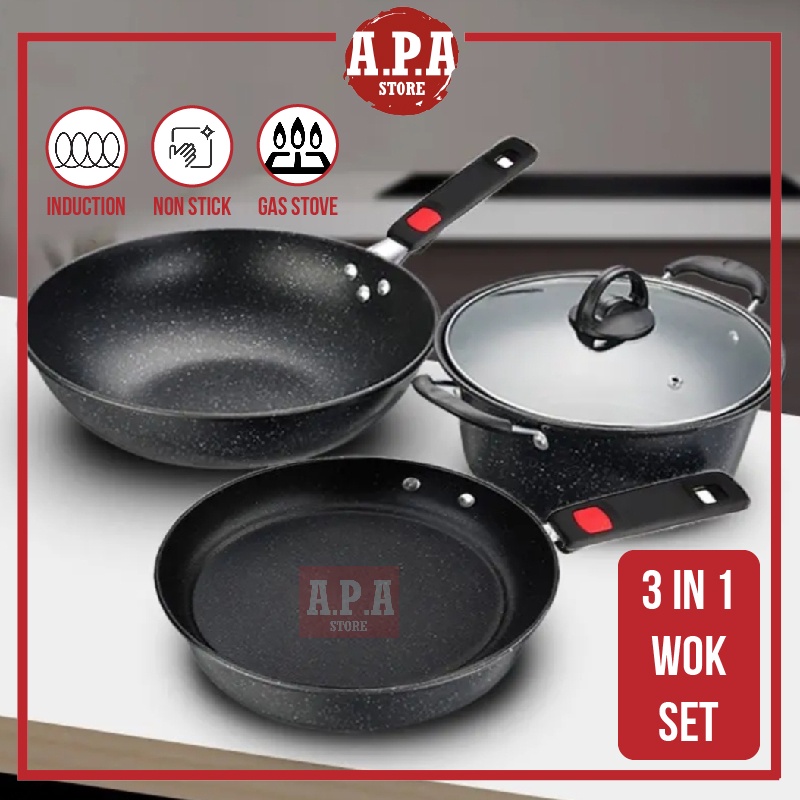APA Non Stick Wok Set Fry Pan Pot Fryer Soup Deep Fry Kitchen Set ...