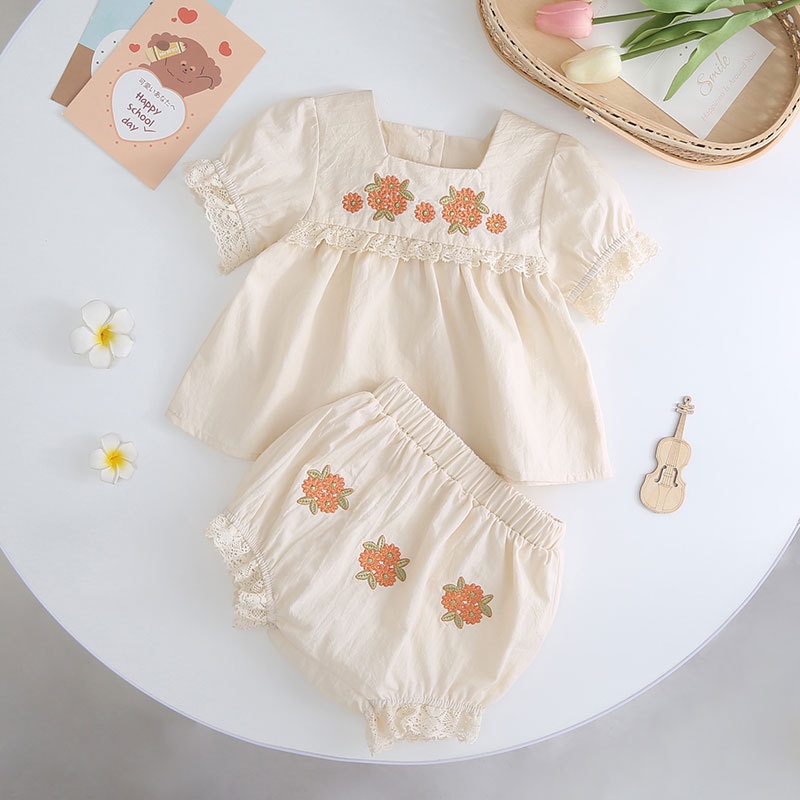 Baby Girl Cute Embroidery Flower Short Sleeve Top+Embroidery Flower Shorts 2 Pieces Girls Summer ...