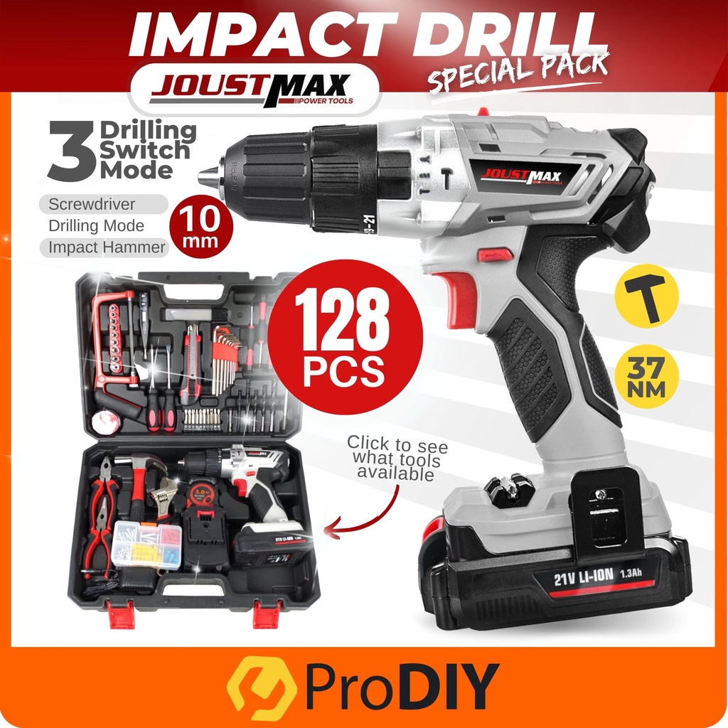 PRODIY JOUSTMAX 128PCS JST-21VS/B Hammer Drill Cordless Drill Set ...