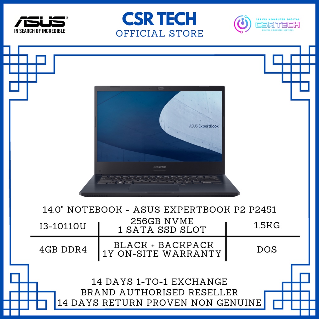 ASUS EXPERTBOOK P2 P2451F-ABV3267 BLACK (FREE BACKPACK) 14 HD / I3 ...