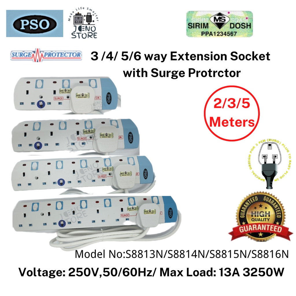 Pso 3 4 5 6 Way Portable Extension Trailing Socket Extension Plug Socket With Surge Protector