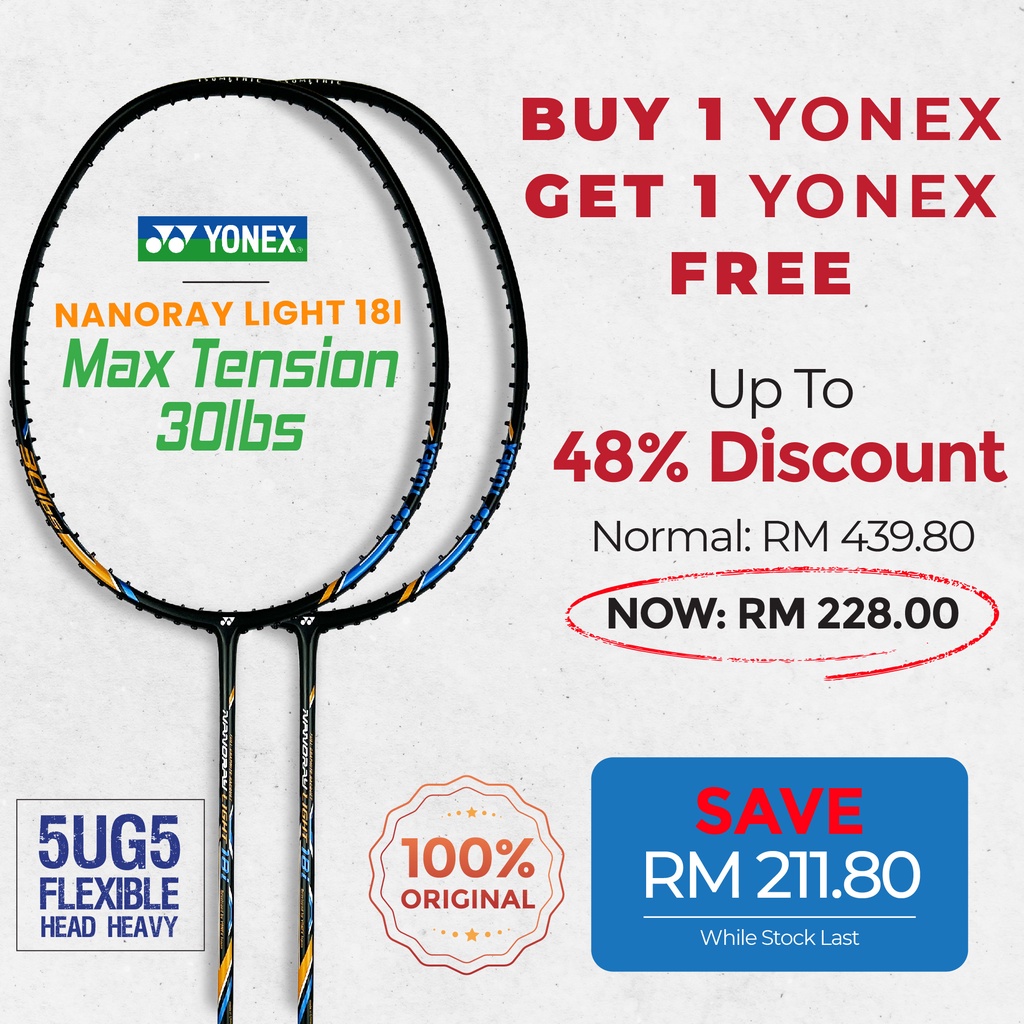 YONEX Nanoray Light 18I Badminton Racket (Black) Buy 1 FREE 1 | 5UG5 | Max Tension 30LBS, Super ...