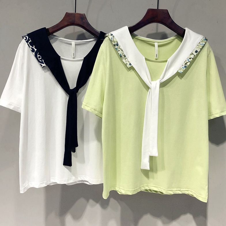 【M-5XL 40-150KG】胖MM特大码300斤夏季海军领拼接假两件上衣女宽松遮肚披肩短袖T恤plus size extra large size oversize fat big ...