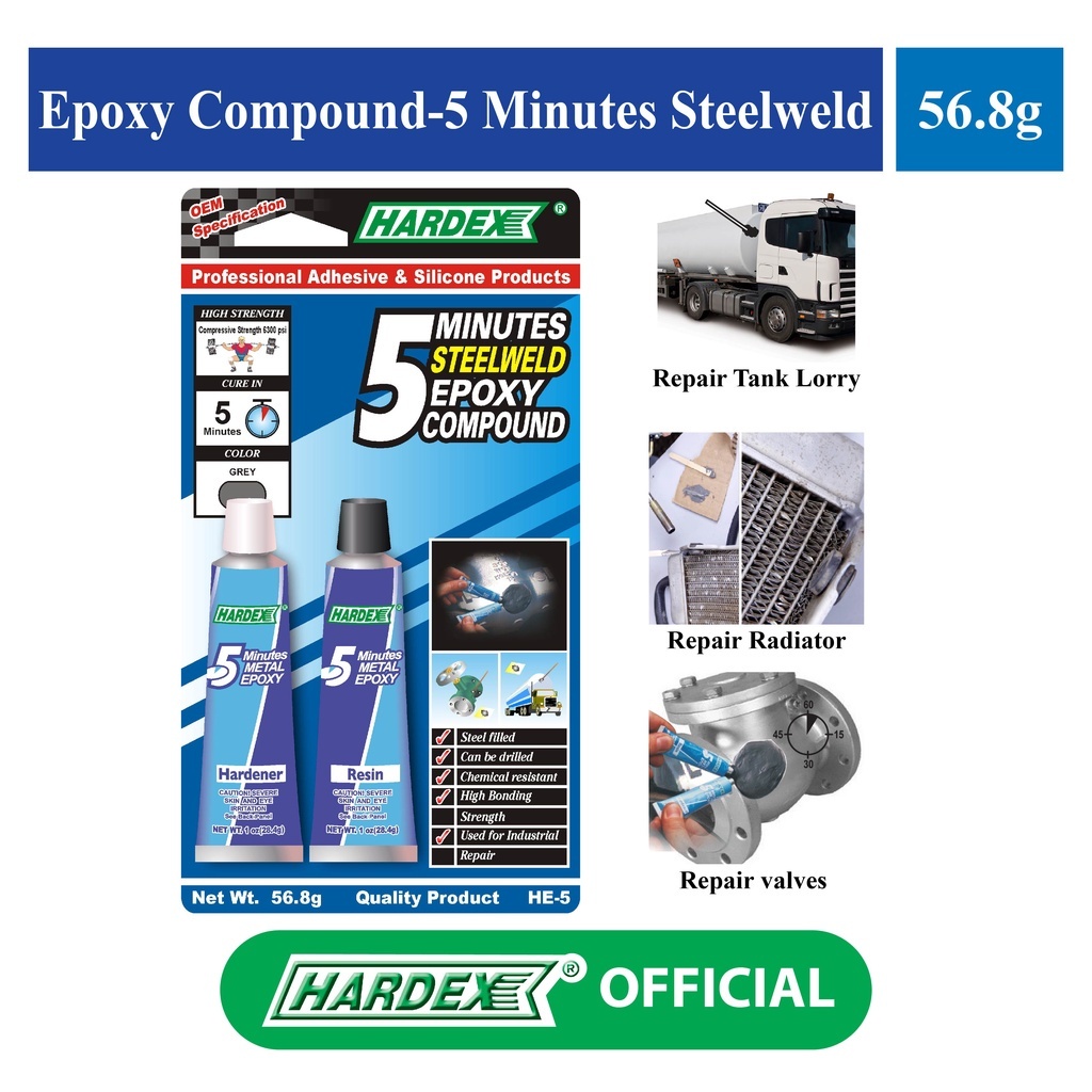 HARDEX HE5 - 5 Minutes Metal weld Epoxy Compound ( 56.8g / 20gm ...
