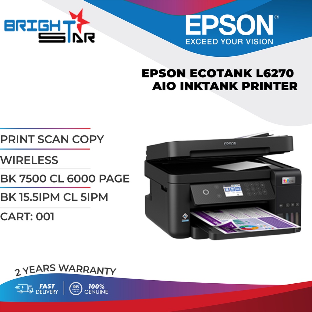 EPSON ECOTANK L6270 AIO INKTANK PRINTER / PRINT SCAN COPY WIRELESS / BK ...