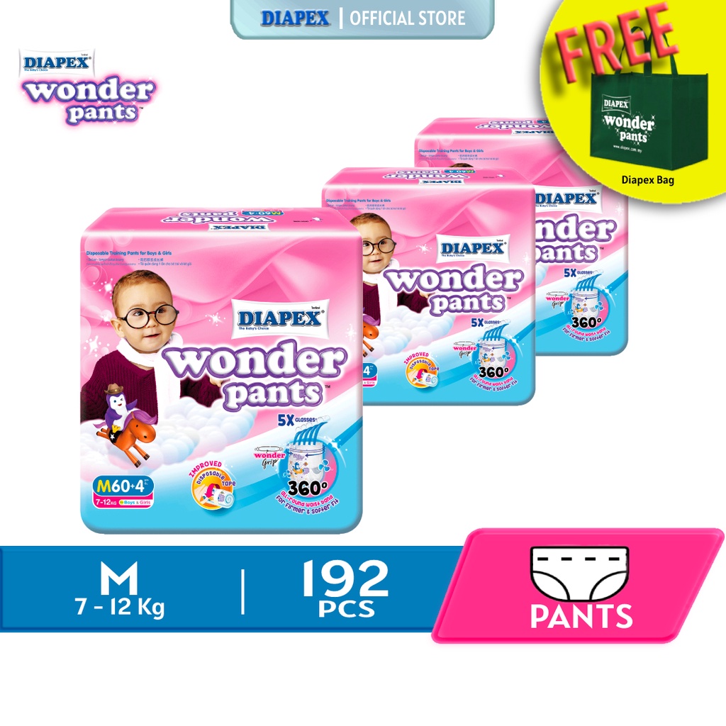 Diapex Wonder Pants Super Jumbo M (60 + 4Pcs x 3 Pack) [Free Diapex Bag ...