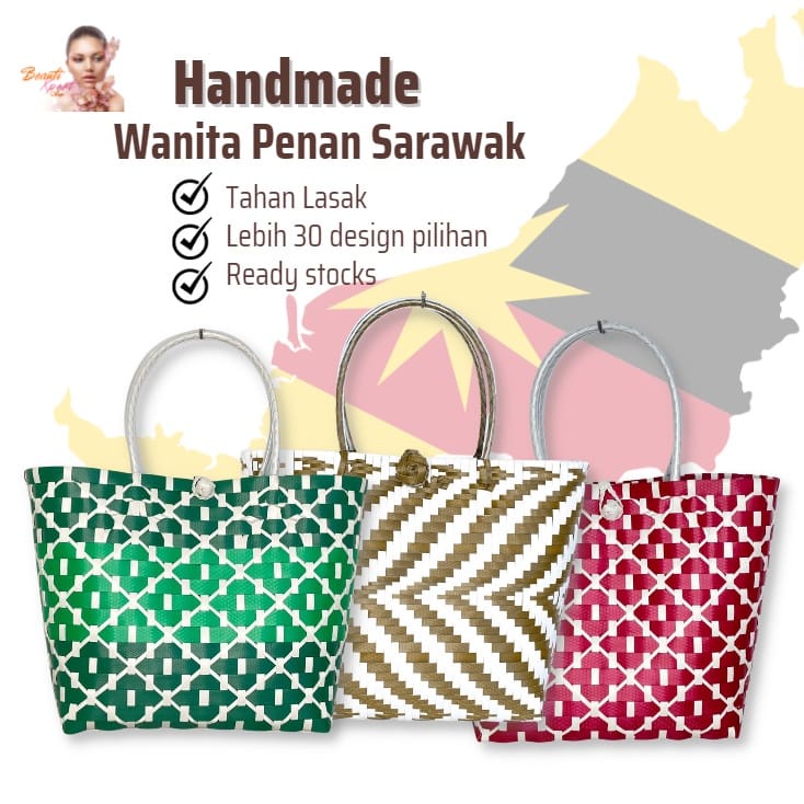 10" x 10" Flower & Design Beg Anyaman Sarawak /Tote Bag Women / PVC ...