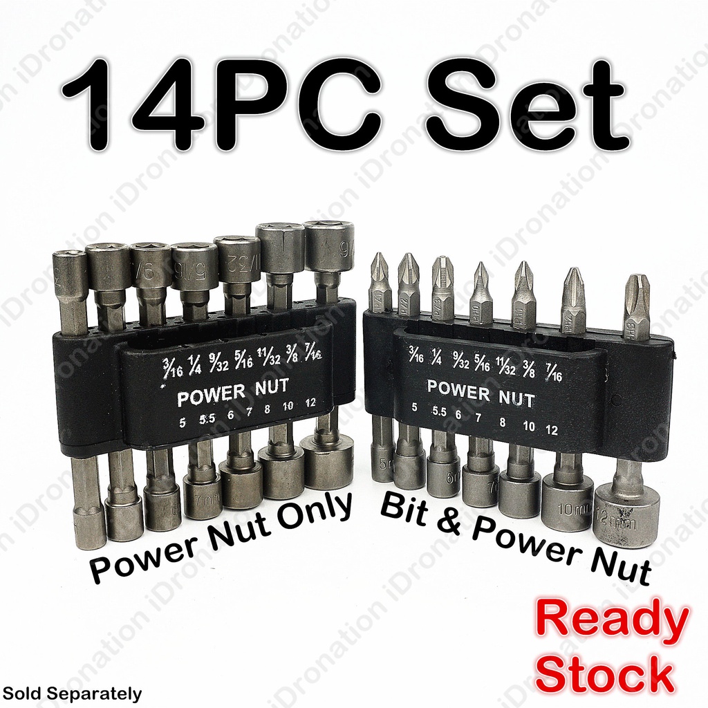 14pcs 14PC MM INCH Power Nut Bolt Driver Drill Tool Bit Adapter 1/4 ...