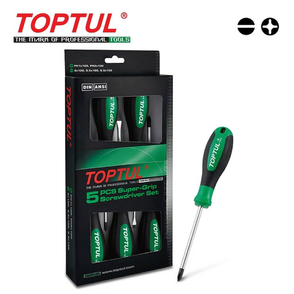 TOPTUL 5PCS Slotted & Phillips Super-Grip Screwdriver Set GAAE0507 ...
