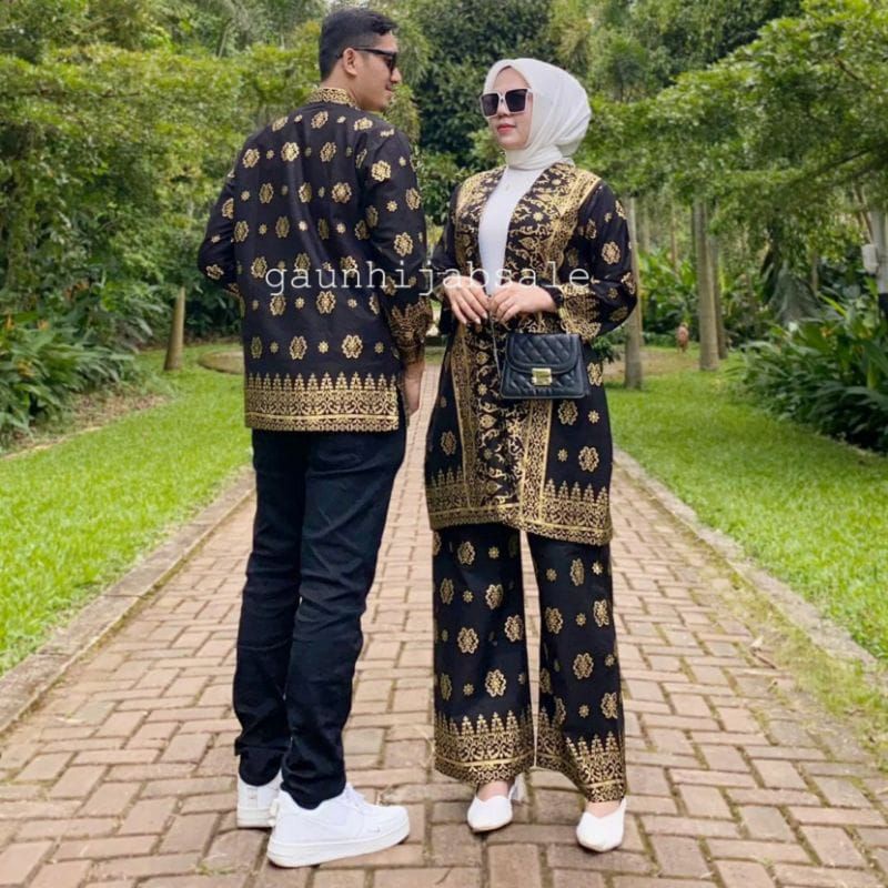 HITAM Couple SET BATIK SONGKET PALEMBANG Black GOLD OUTER Top Suit ...