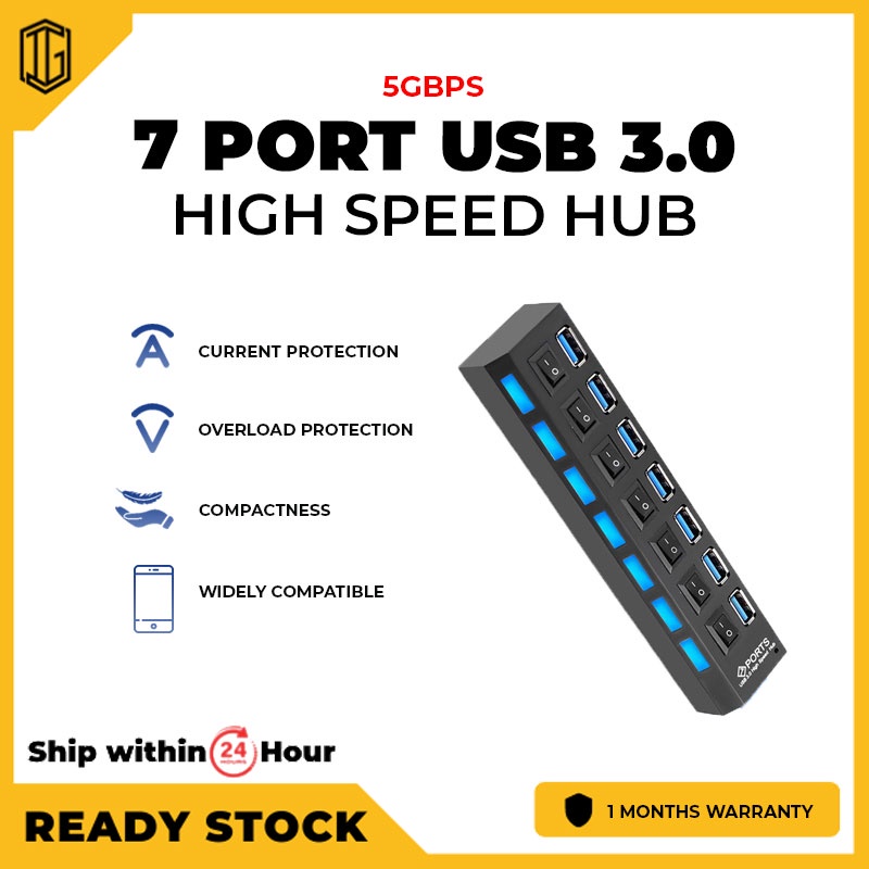 7 Port USB 3.0 High Speed Hub 5Gbps Current Protection Overload ...
