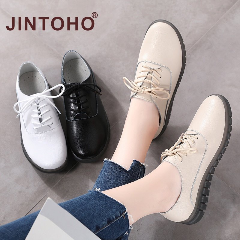 【JINTOHO】Korean Genuine Leather Loafers Women Comfort Black Work Shoes ...