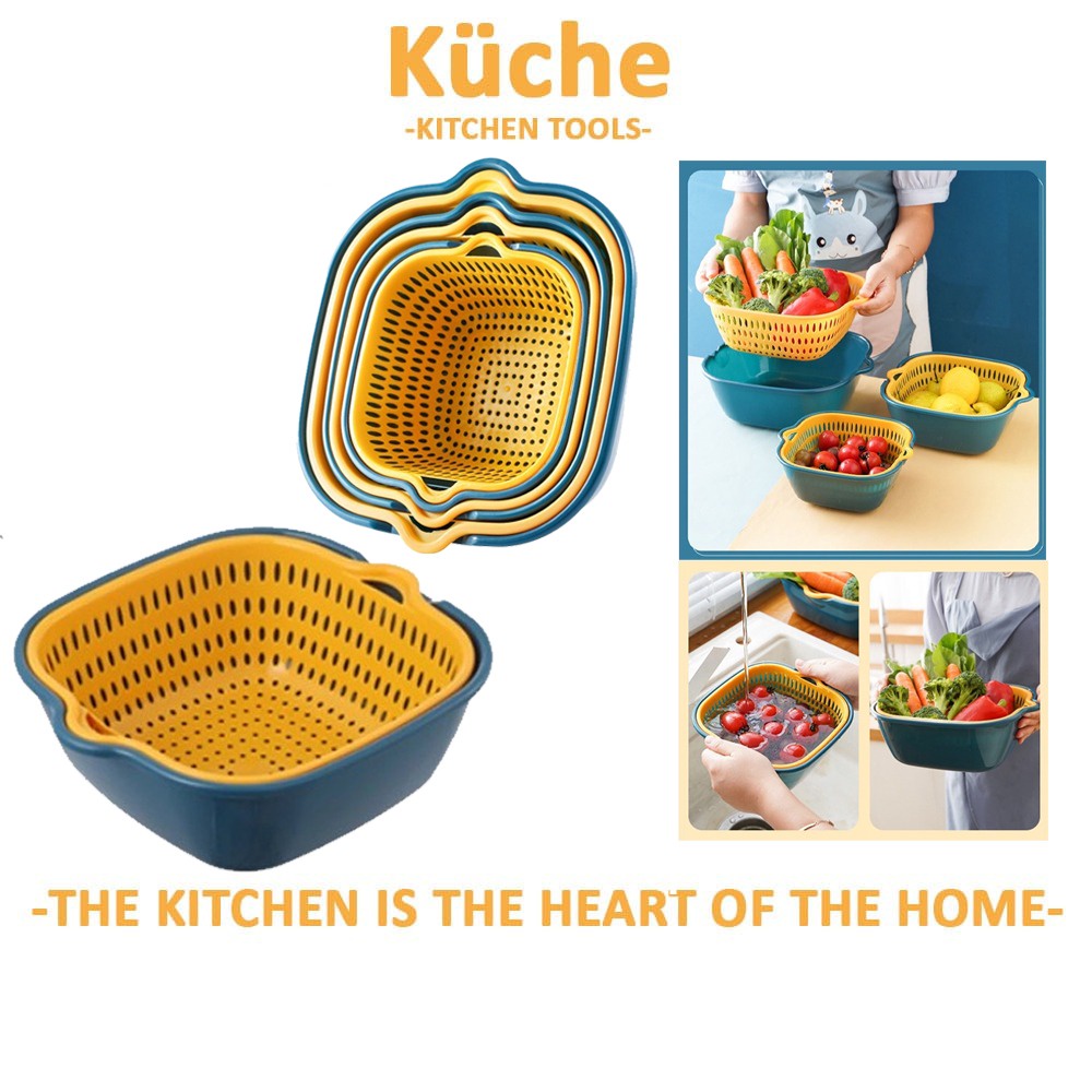 KUCHE Bakul Penapis Double Drain Storage Basket Fruit Vegetable Washing ...