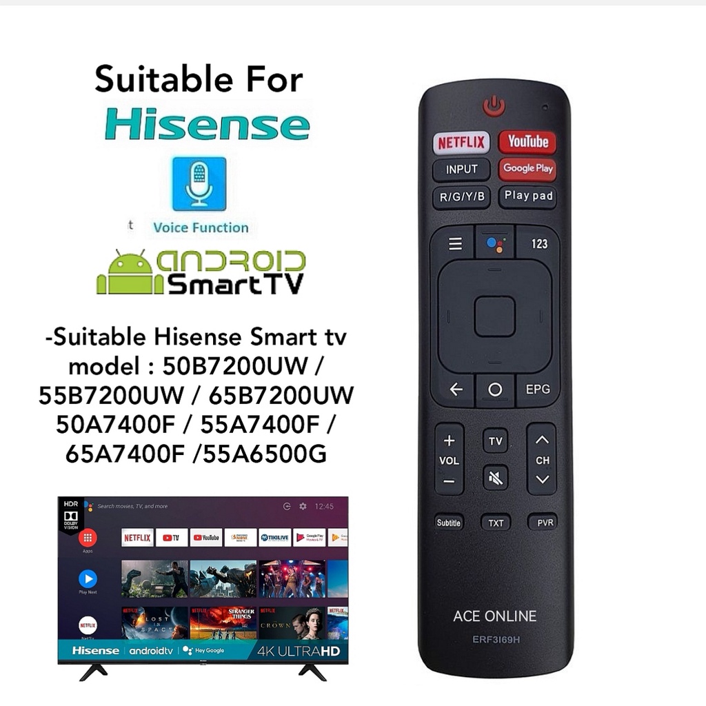 HISENSE ANDROID SMART TV BLUETOOTH REMOTE CONTROL (ERF3169H) With Voice ...
