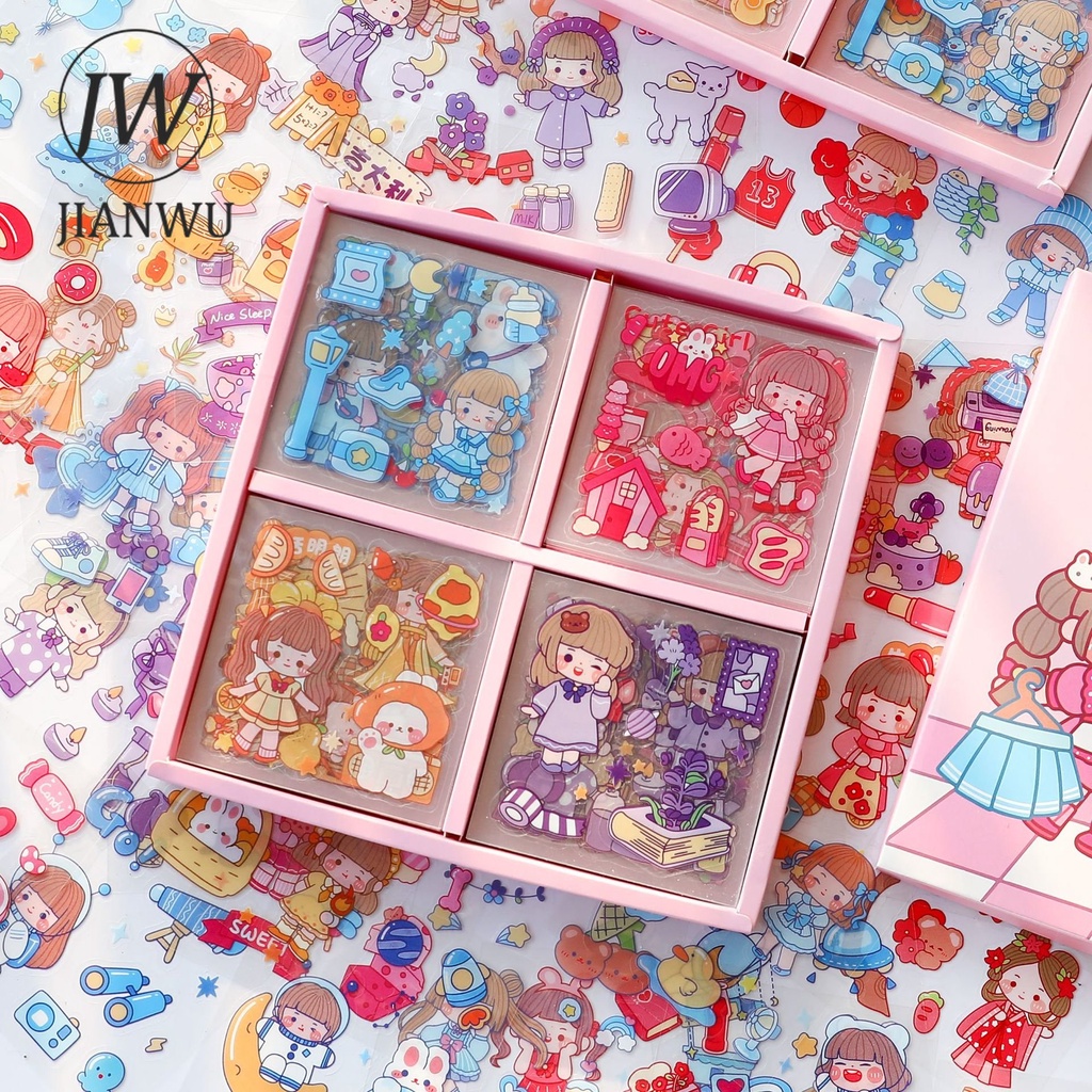 JIANWU 100Sheets Kawaii Stationery Boxed Sticker PET Transparent DIY ...
