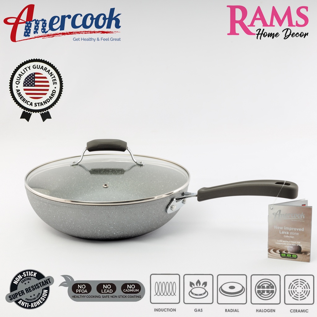 Amercook 24cm Induction Non Stick Wok Pan with Glass Lid / Cookware ...